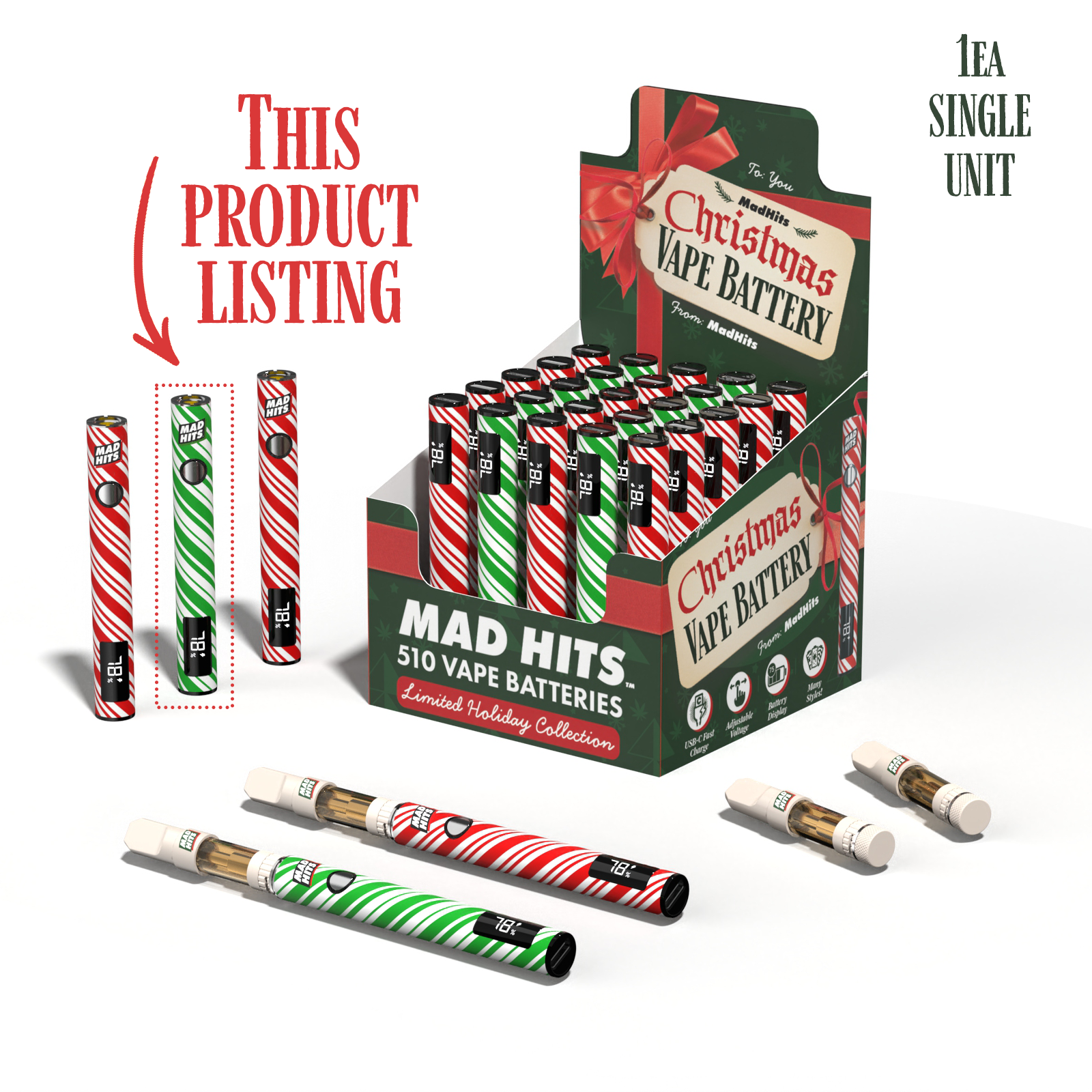 Christmas Candy Cane Vape Battery by Mad Hits